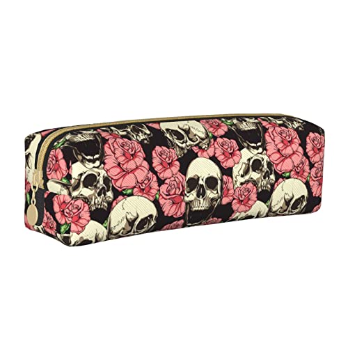 Skull Rose Leather Pencil Case With Zipper Pencil Pouch Stationery Holder Bag Cosmetic Makeup Bag For School, Office And Work