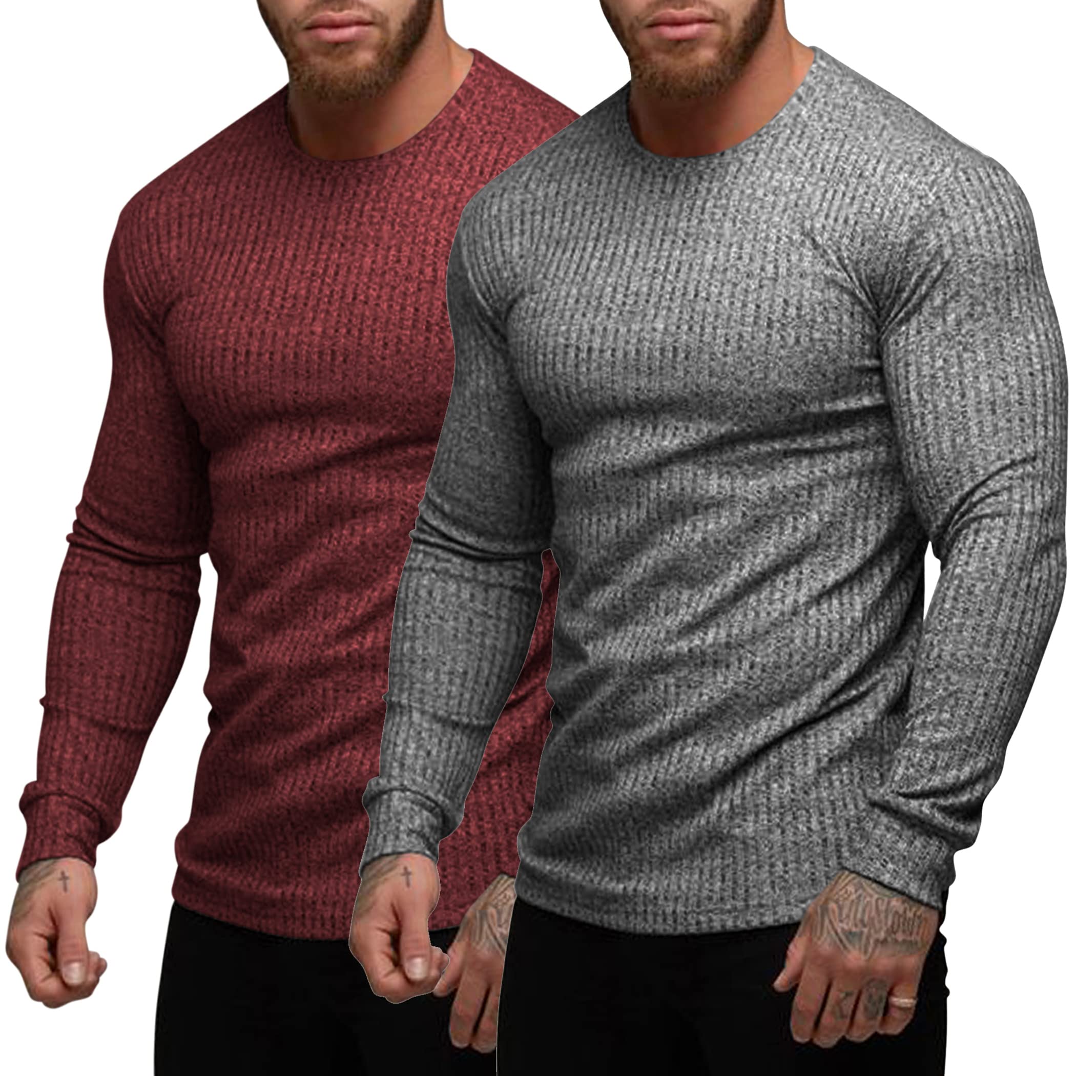 COOFANDY Men's 2 Pack Gym Muscle Shirt Long Sleeve Stretch Ribbed Workout Tee Bodybuilding Hiking Running Training Fitness Tops (Wine Red/Dark Grey, XL)