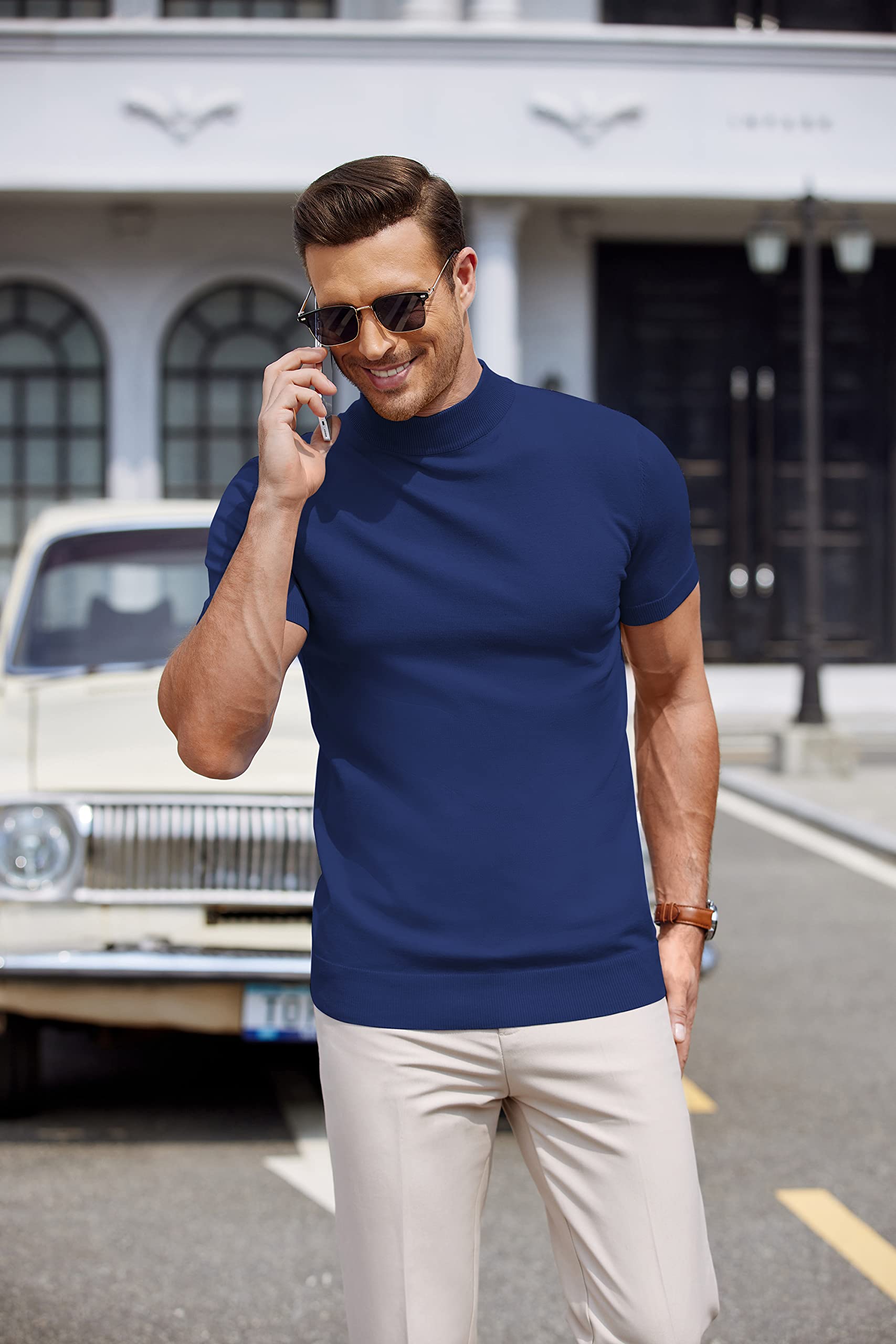 COOFANDY Mens Mock Turtleneck Short Sleeve Knit Sweater Business Casual Mock Neck Pullover Sweater Basic Tops Navy Blue