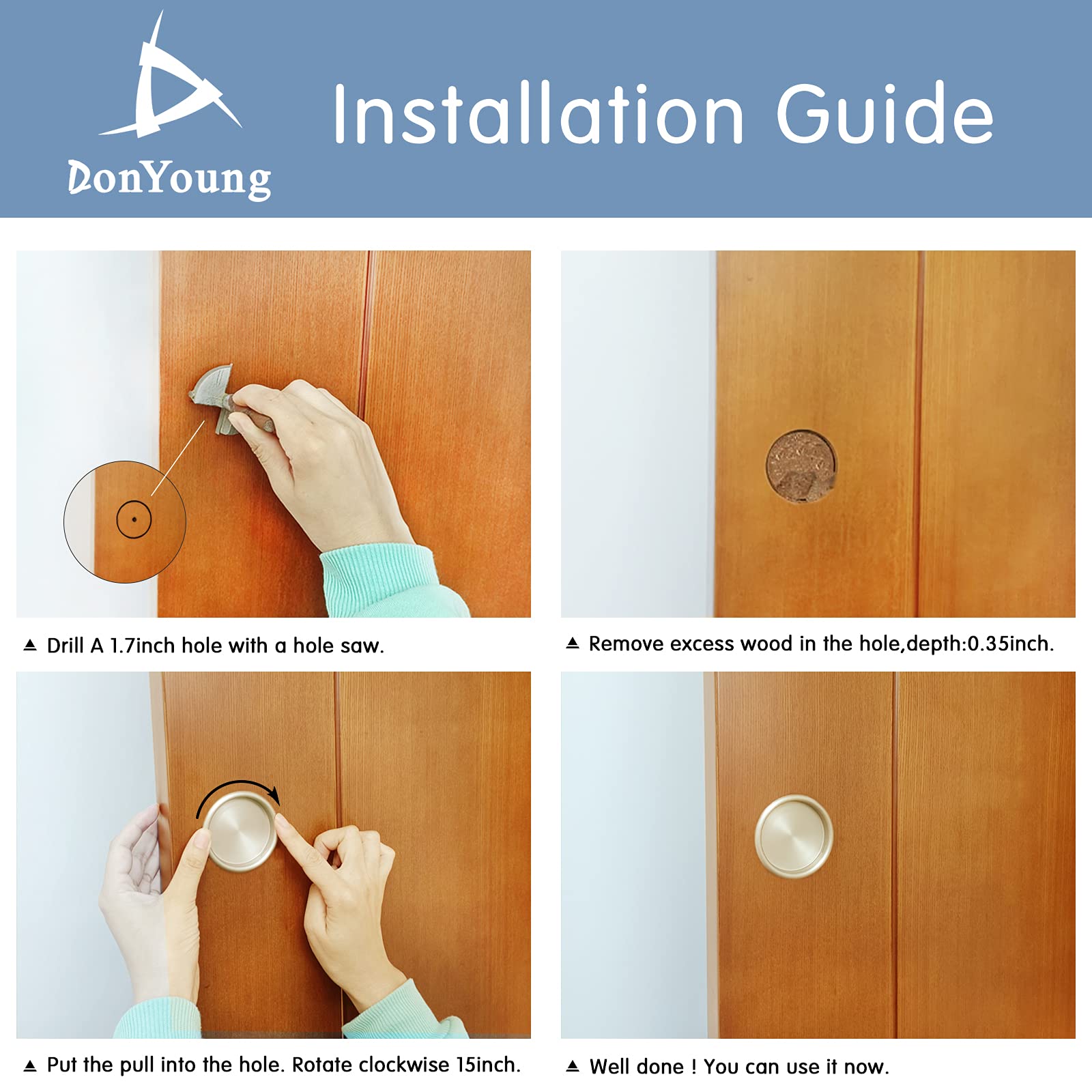 eutectic Collections Closet Door Pull - 4PCS Satin Nickel Snap-in Circular Sliding Pull Out for Pocket Bi-Pass Door Panels, No Nails Needed, 1-3/4" inches