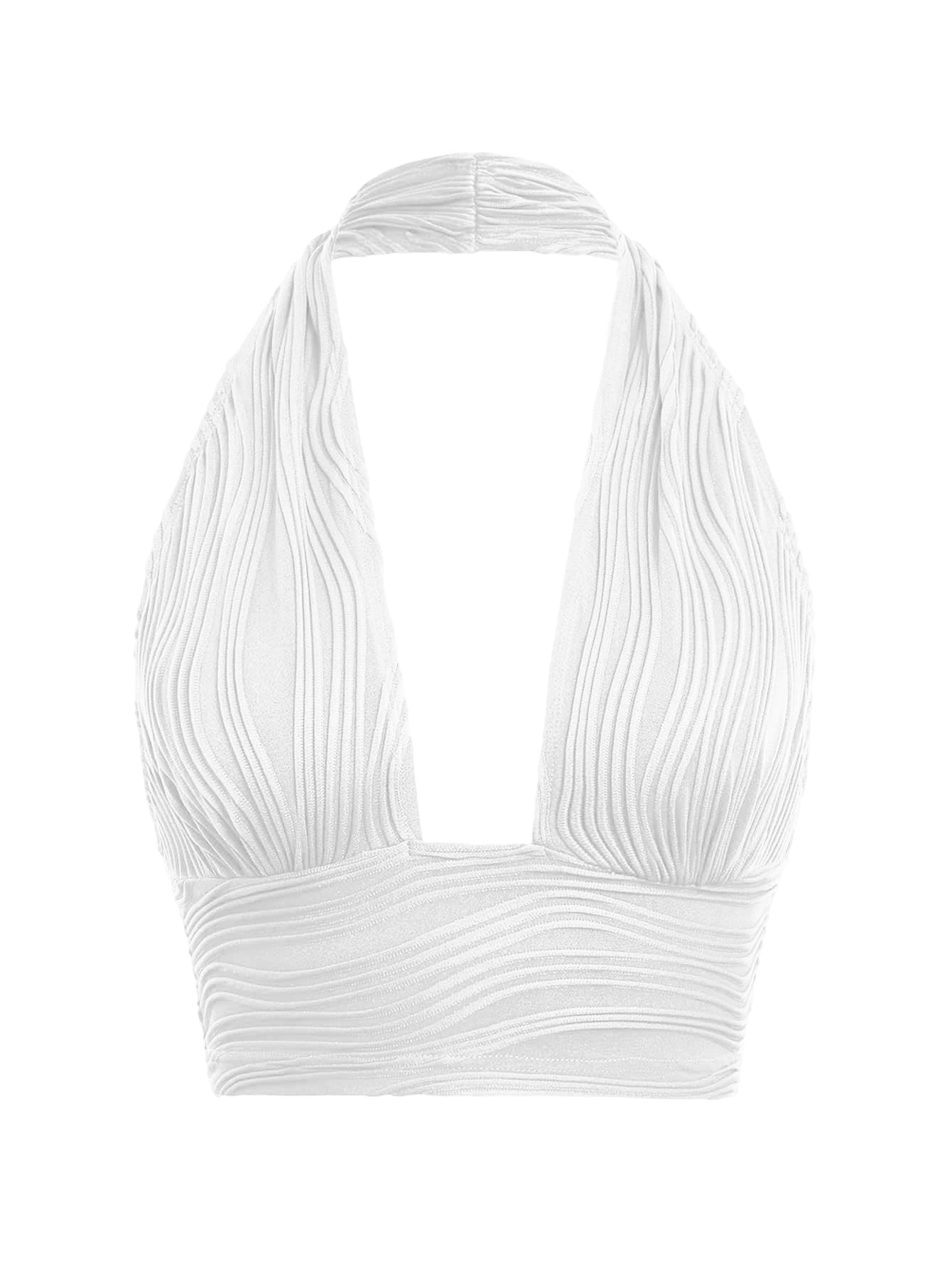 SOFIA'S CHOICE Women's Textured Deep V Neck Halter Tops Sexy Backless Sleeveless Crop Tank Top Cami White Small