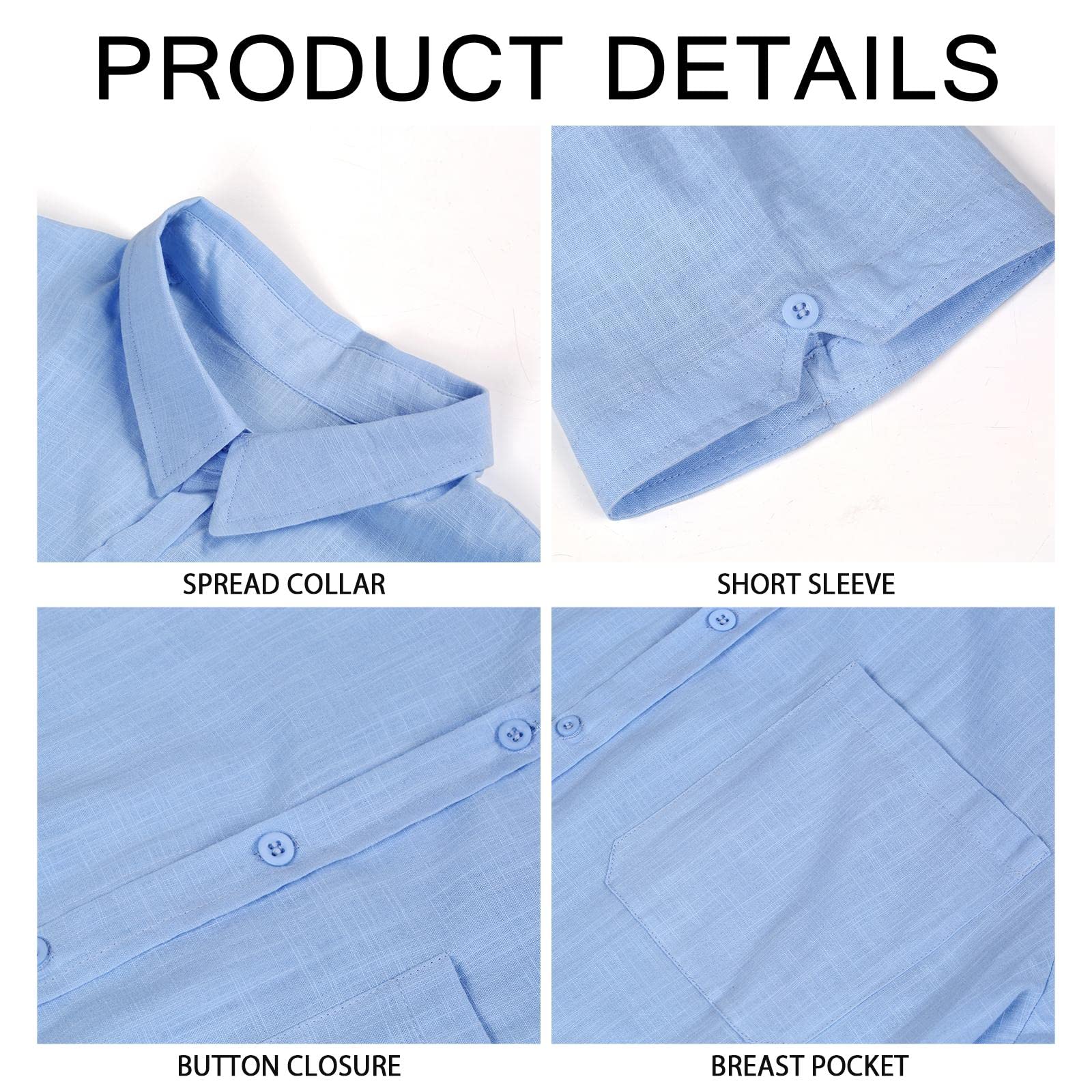 Mens Button Down Shirts Casual Short Sleeve Linen Tops Cotton Lightweight Fishing Tees Spread Collar Plain Shirt