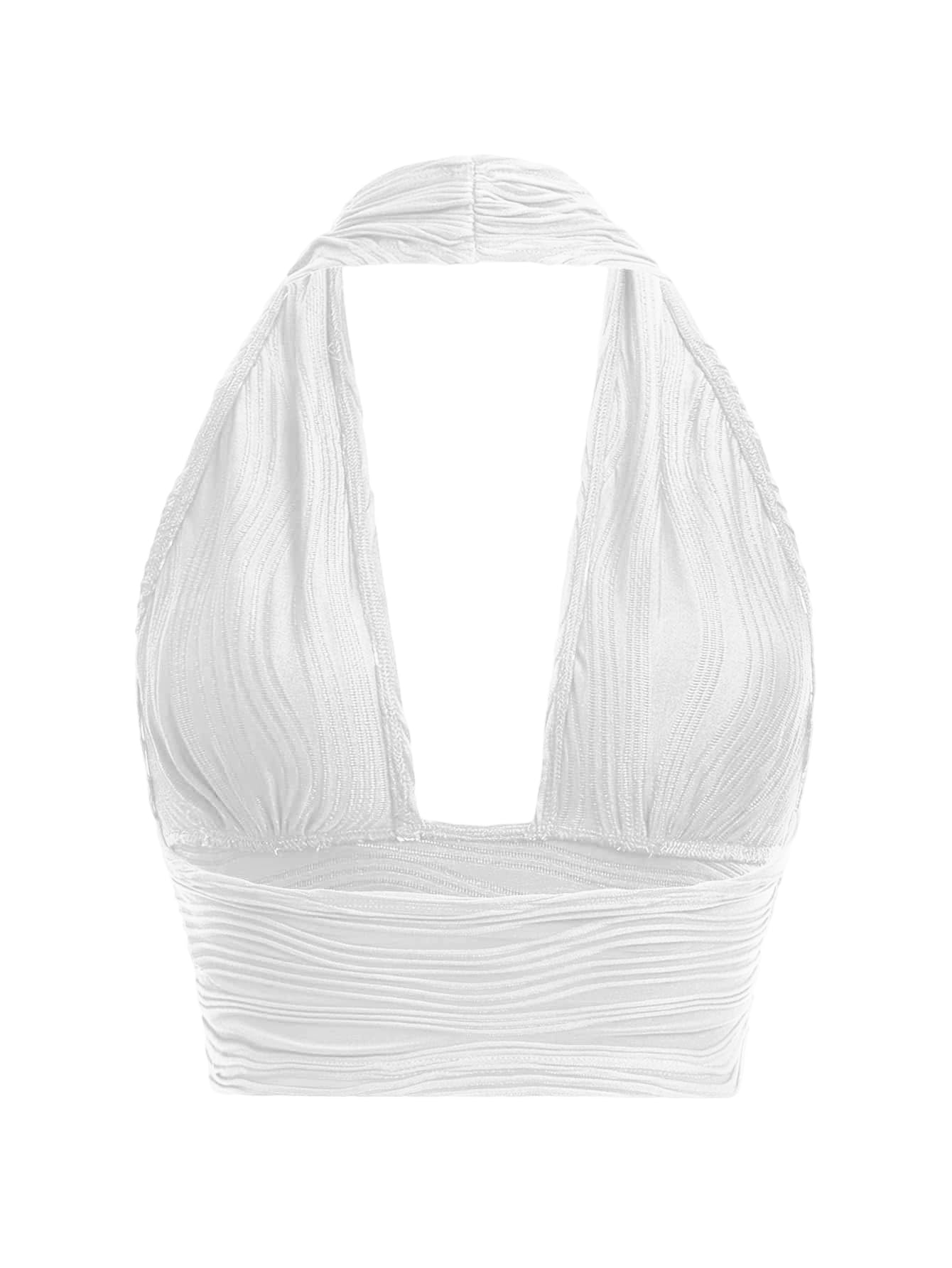 SOFIA'S CHOICE Women's Textured Deep V Neck Halter Tops Sexy Backless Sleeveless Crop Tank Top Cami White Small