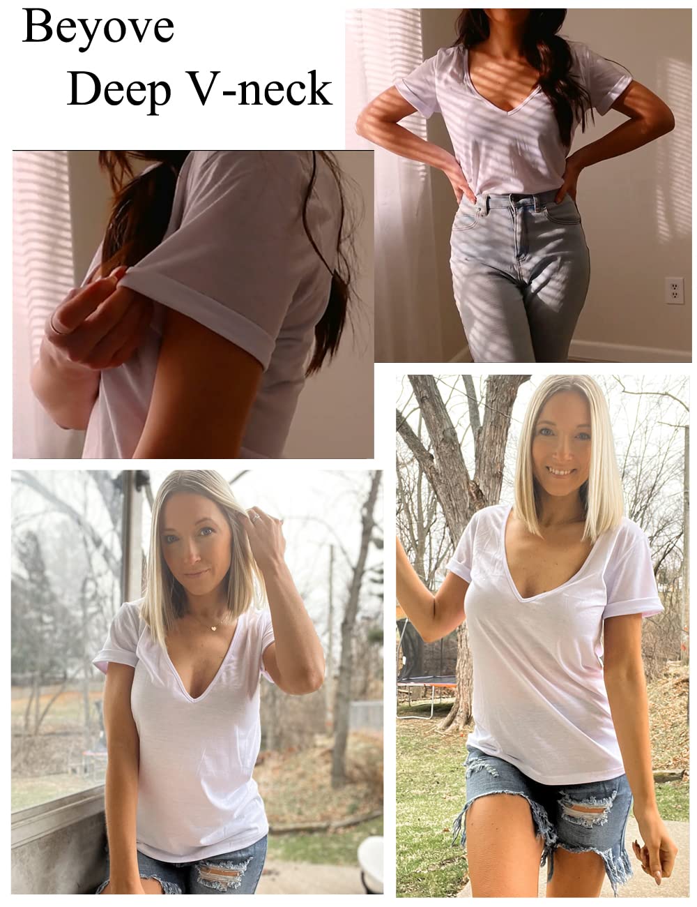Beyove Women's Deep V T-Shirt Summer Short Sleeve Loose Casual Tee