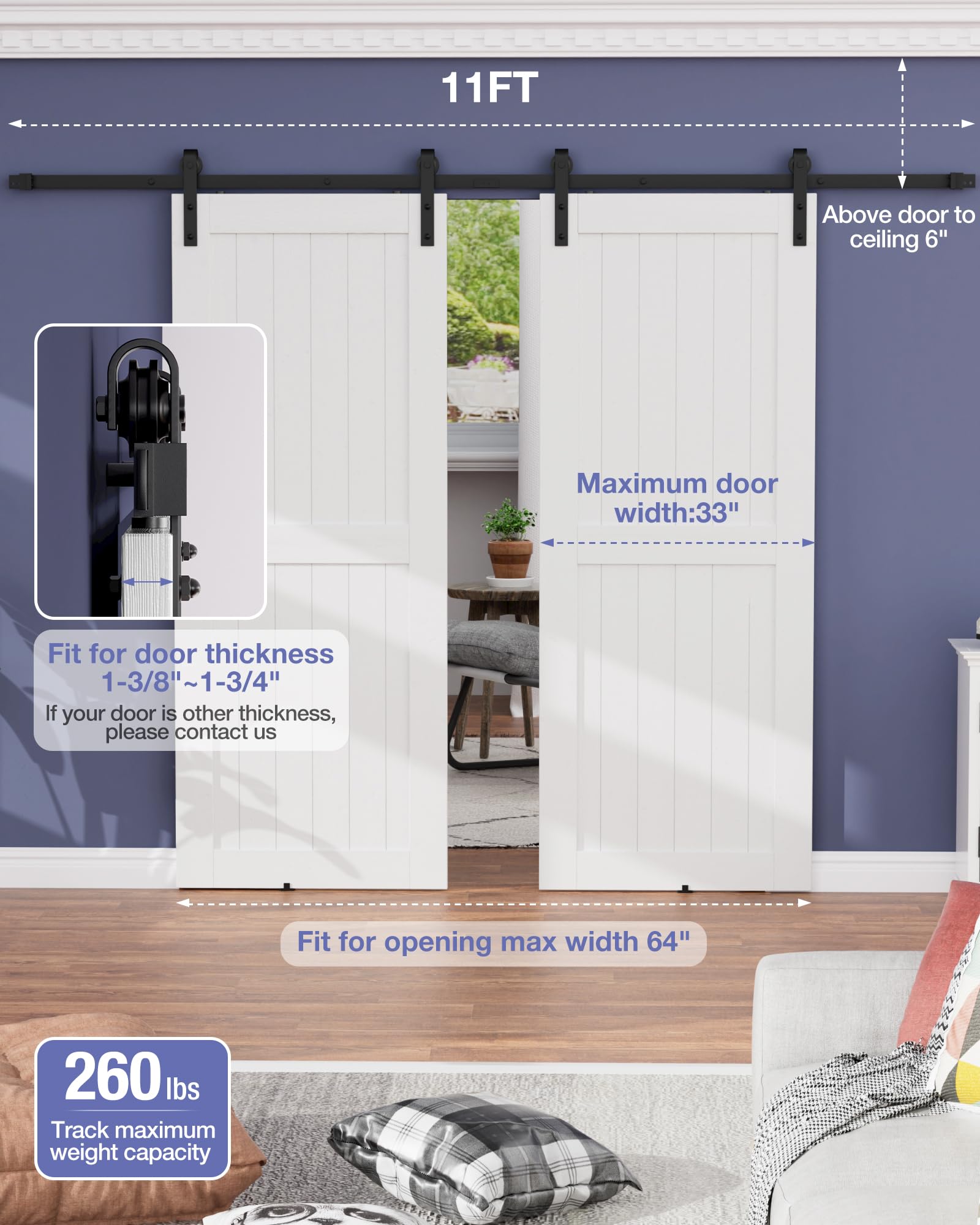 ZEKOO 11 FT Hardware Kit for Cabinet Closet, Sliding Door Hardware for Double , Heavy Duty Black barn door Track with Steel Hanger, Slide Smoothly Quietly, Easy Install