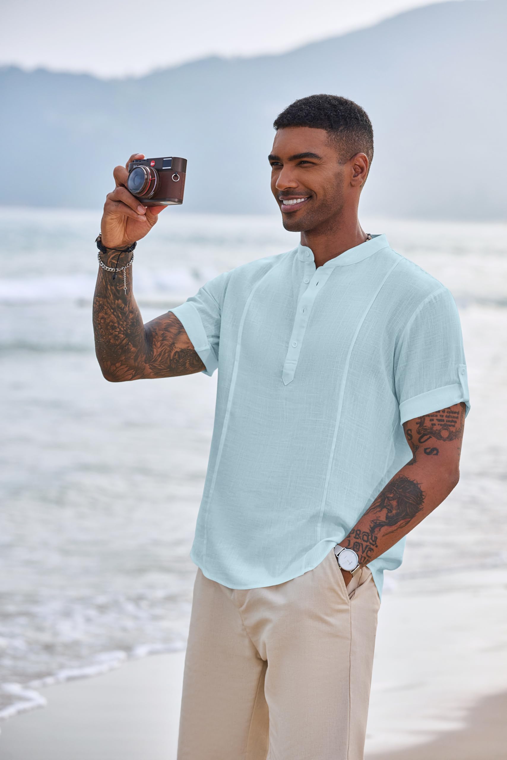 COOFANDY Men's Casual Beach T-Shirts Short Sleeve Henley Pullover Linen Button Down Shirts Fashion Summer Tops Clothing Blue