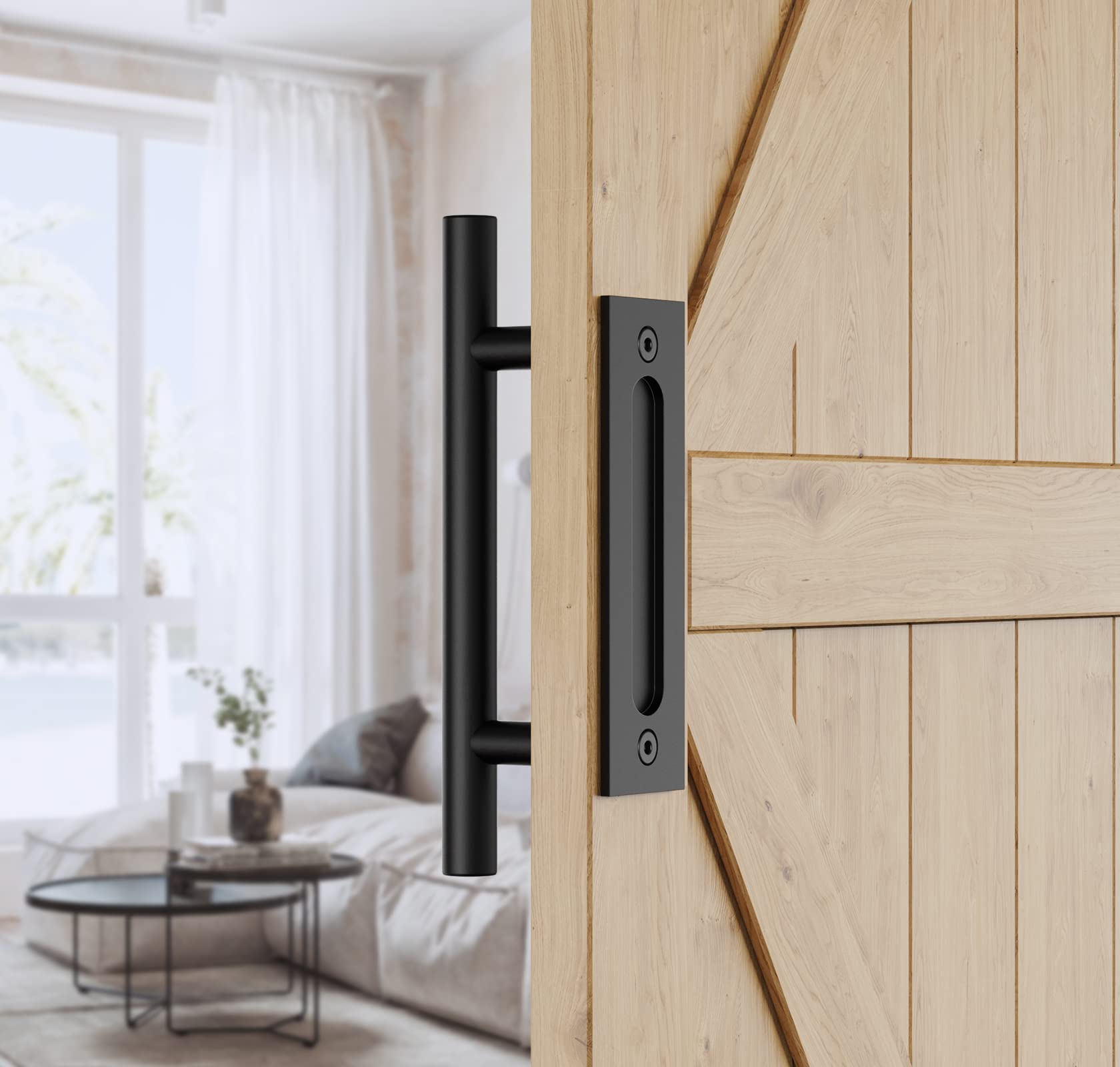 HomLxclx 12" Sliding Barn Door Handle Pull and Flush Hardware Set, Black Powder Coated Finish Round Shape,Heavy Duty Barn Door Handles-Fit 1 3/8-1 3/4" Thickness Door Panel, Easy to Install1