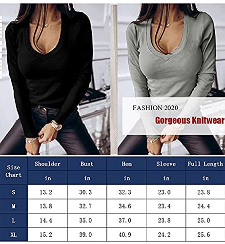 Fessceruna Womens Long Sleeve Shirts Tops Deep V Neck Ribbed Knit Fall Casual Slim Fit Basic Sexy T-Shirt 2024