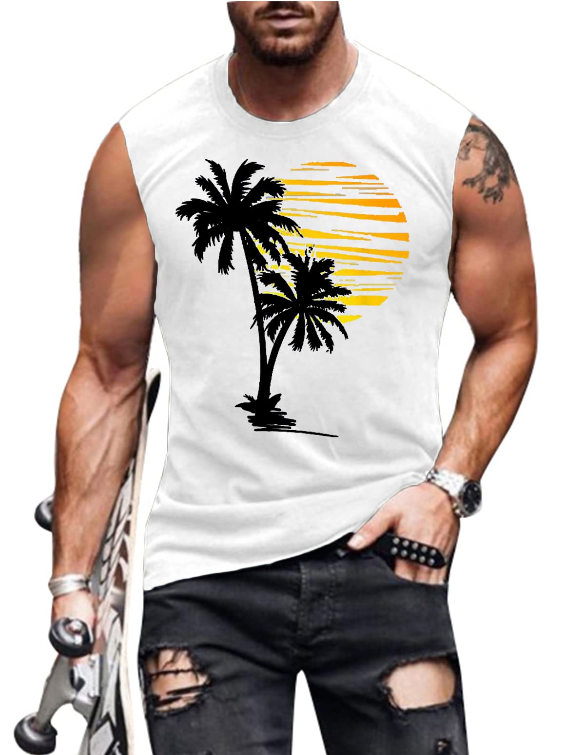 Beach Tank Top Men Hawaiian Palm Tree Sleeveless Shirt White 2XLarge