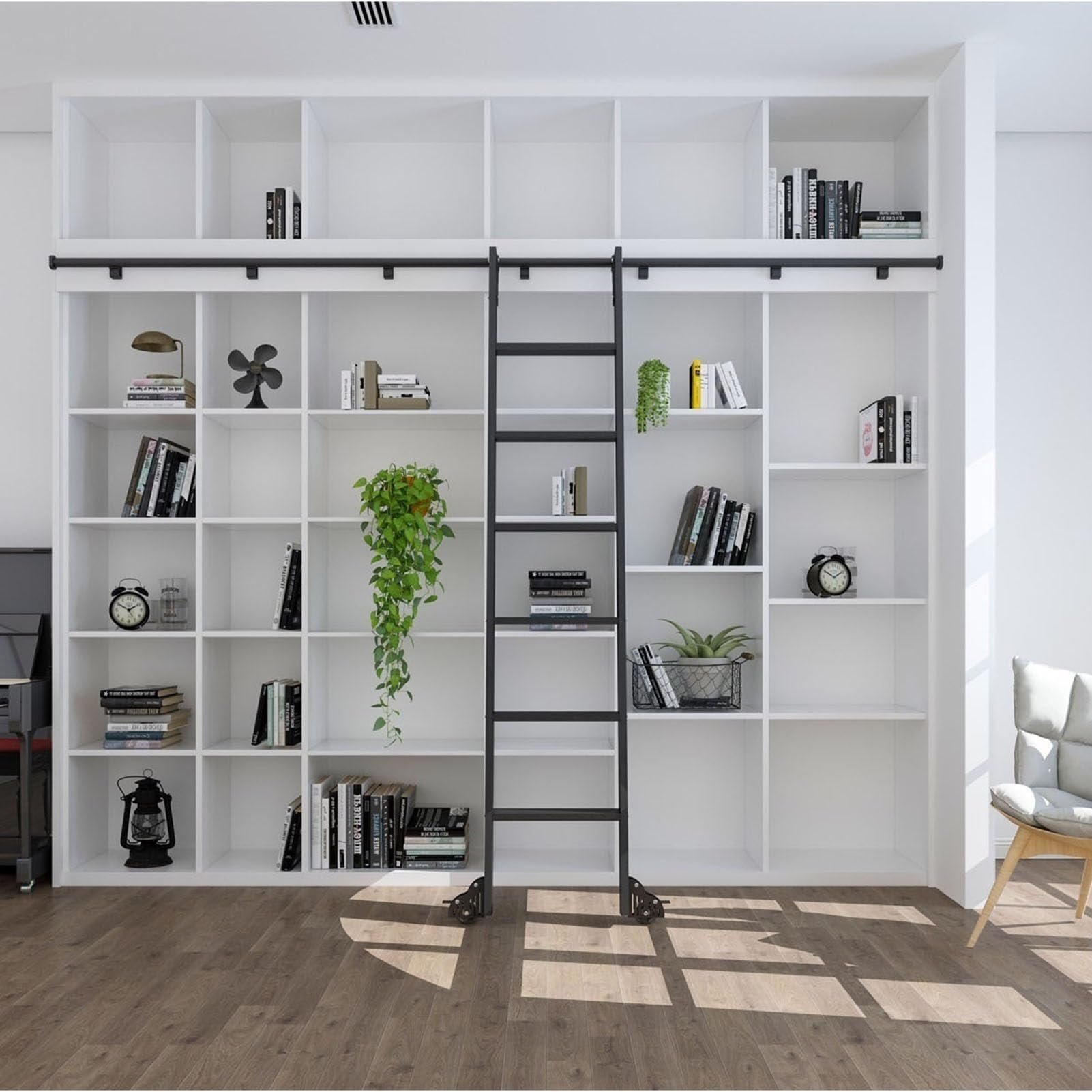 Black Tensible Hook on Rolling Library Ladder Hardware Home Office Library Barn Style Sliding Ladder Hardware Kit Round Track/Rail(No Ladder), Floor Roller with Brake (Size : 13ft/400cm Track kit)