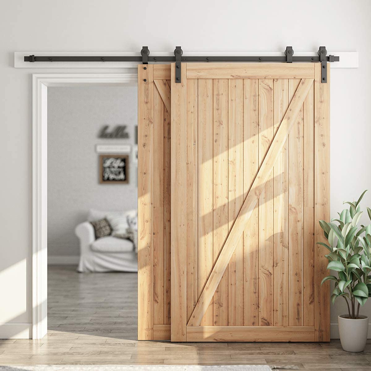 SMARTSTANDARD 8 Feet Bypass Sliding Barn Door Hardware Kit - for Double Wooden Doors-Single Track - Smoothly & Quietly - Easy to Install-Fit 84" Opening