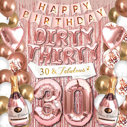 PartyForever Rose Gold Dirty 30 Balloon Birthday Decorations for Her Dirty Thirty 30th BDay Supplies for Women