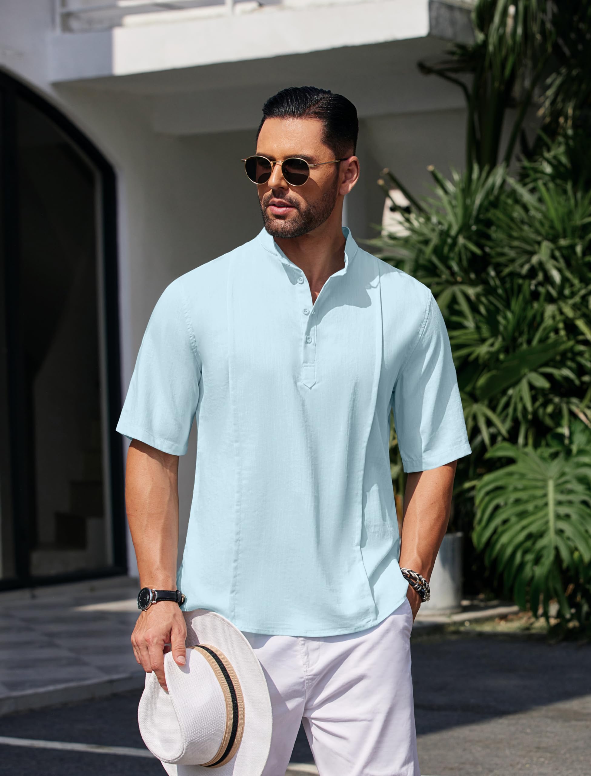 COOFANDY Men's Casual Beach T-Shirts Short Sleeve Henley Pullover Linen Button Down Shirts Fashion Summer Tops Clothing Blue