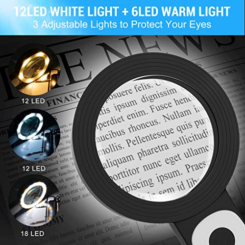 Magnifying Glass with 18LED Lights, 30X Handheld Large Illuminated Magnifier, Reading Magnifying Glass with for Seniors Read, Coins, Stamps, Map, Inspection, Macular Degeneration (Black
