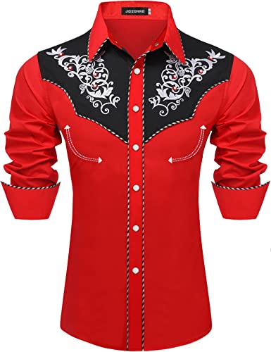 JoZorro Men's Long Sleeve Pearl Snap Shirt Cowboy Cut Western Embroidered Casual Button Down Shirt