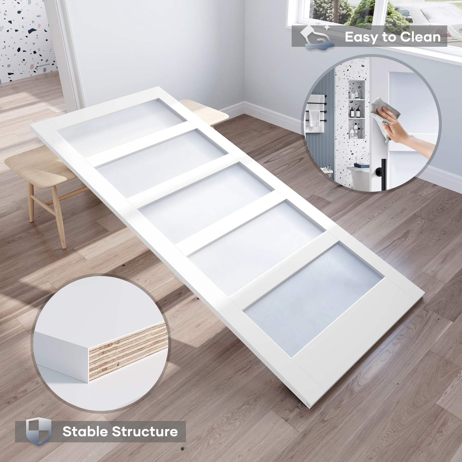ROYMELO 48x84 Inch Glass Sliding Barn Door Slab and 8ft Hardware Kit Included, 5 Frosted Glass, LVL Wood Panel Covered with White Water-Proof Scratch-Proof PVC Surface, Simple DIY Assembly