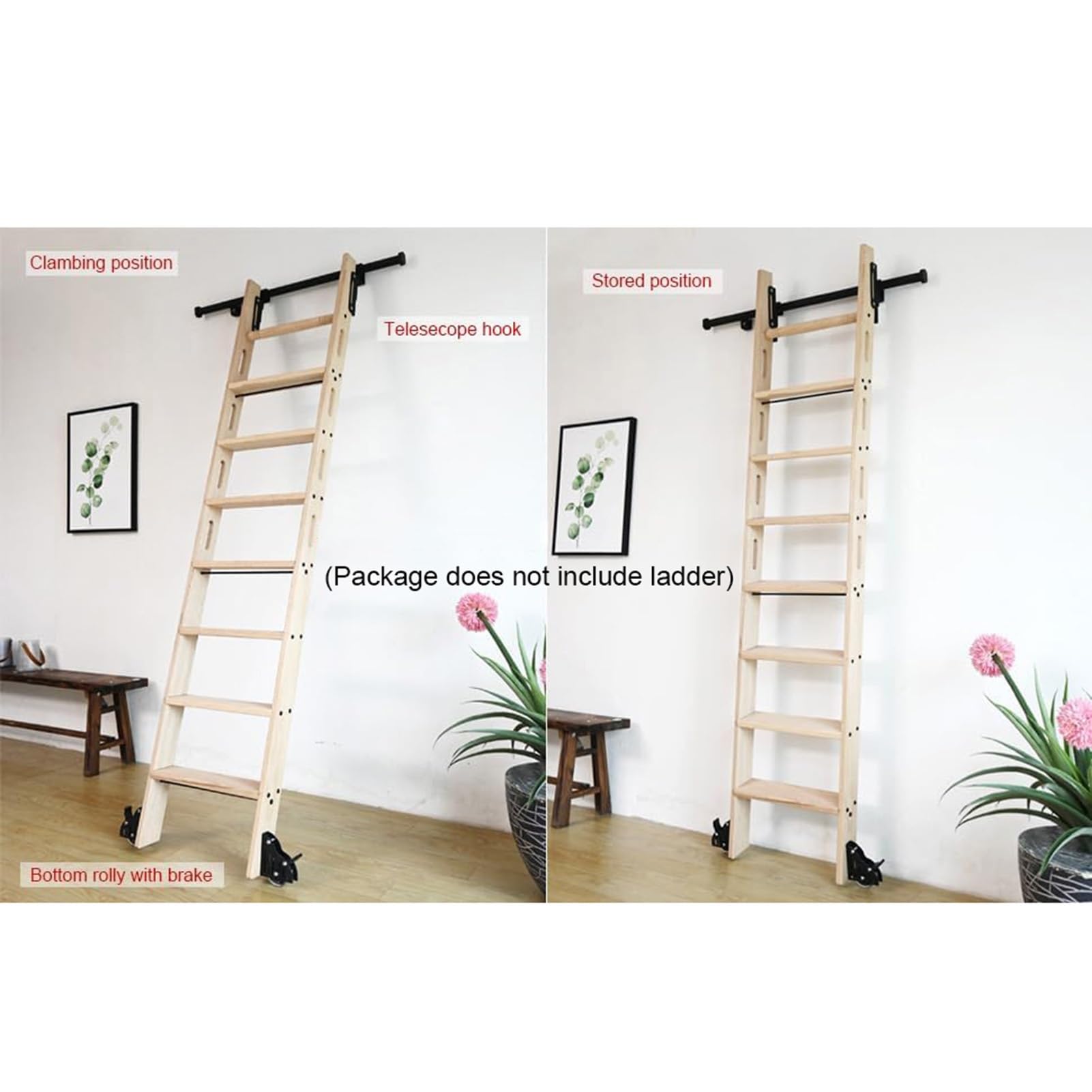 Black Tensible Hook on Rolling Library Ladder Hardware Home Office Library Barn Style Sliding Ladder Hardware Kit Round Track/Rail(No Ladder), Floor Roller with Brake (Size : 13ft/400cm Track kit)