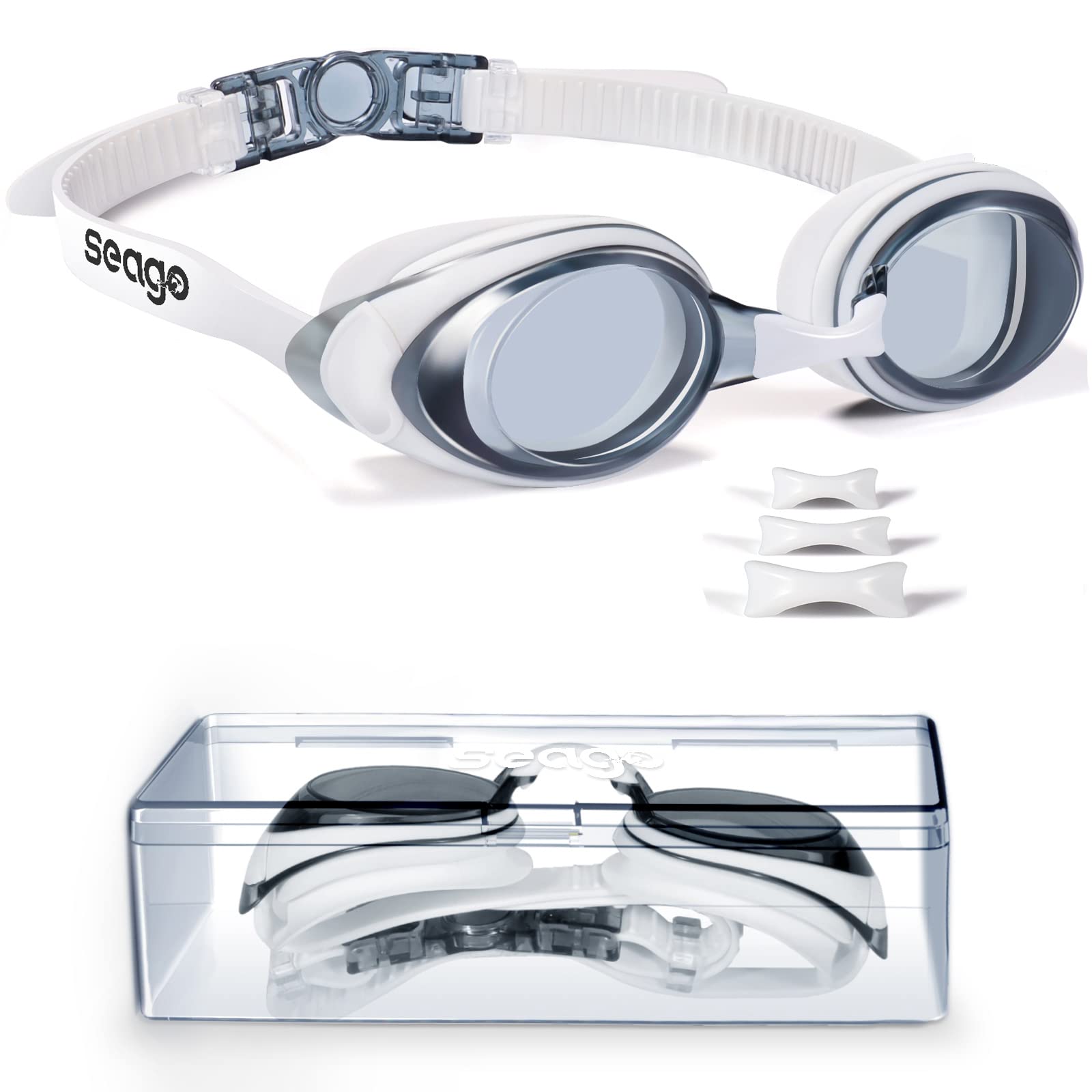 Seago Shortsighted Swimming Goggles Nearsighted Swim Goggles Anti Fog UV Protection Fit for Adult Men Women Youth Junior, No Leaking Clear Vision Pool Swim Glasses Tinted Flat Lens with 3 Nose Pieces