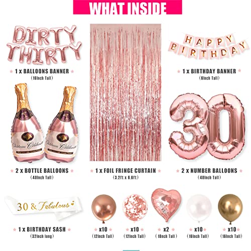 PartyForever Rose Gold Dirty 30 Balloon Birthday Decorations for Her Dirty Thirty 30th BDay Supplies for Women