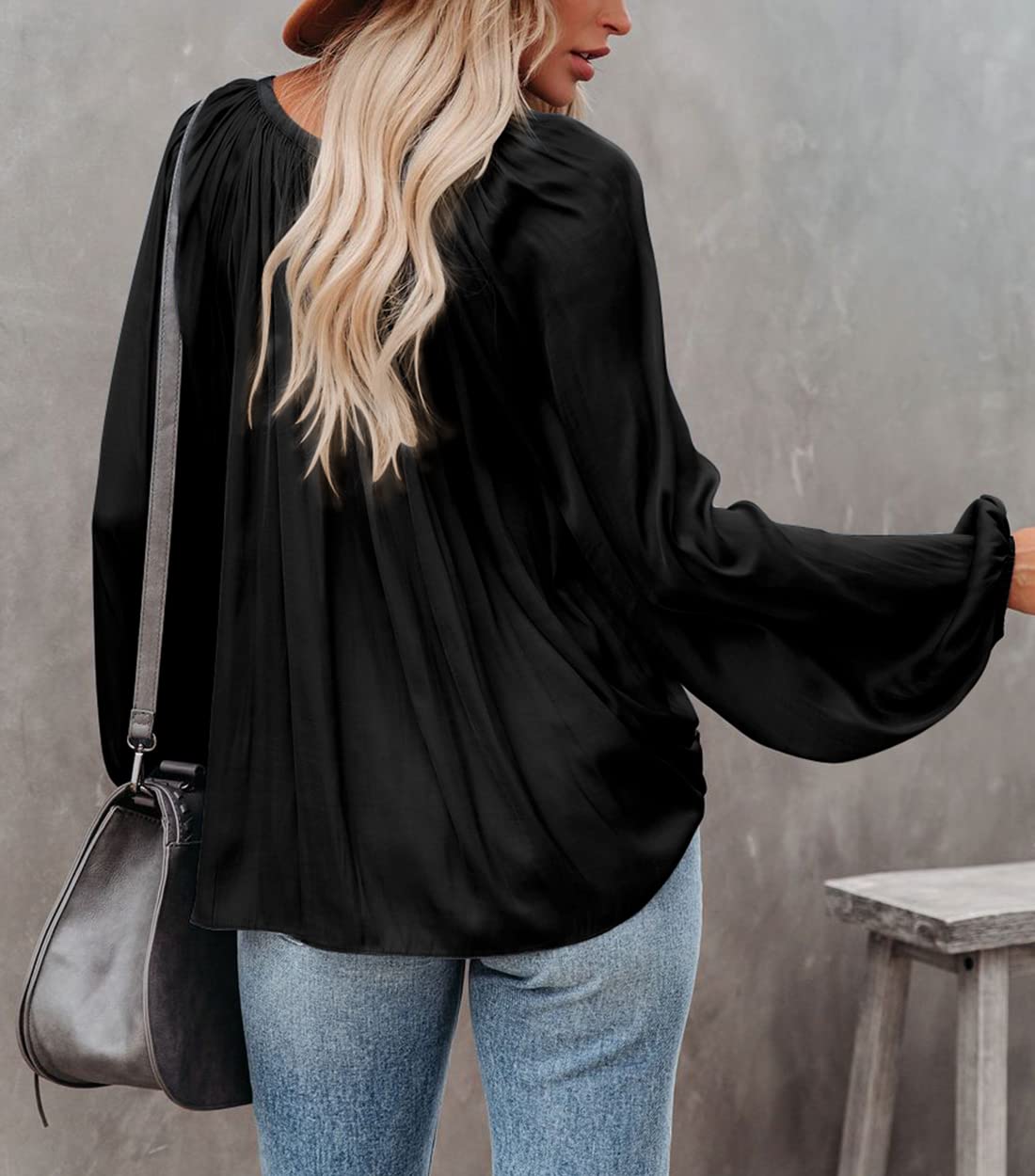 LAMISSCHE Womens Sexy Deep V Neck Blouse Lantern Long Sleeve Chiffon Shirt Oversized Drawstring Silk Satin Tunic(Black,L)