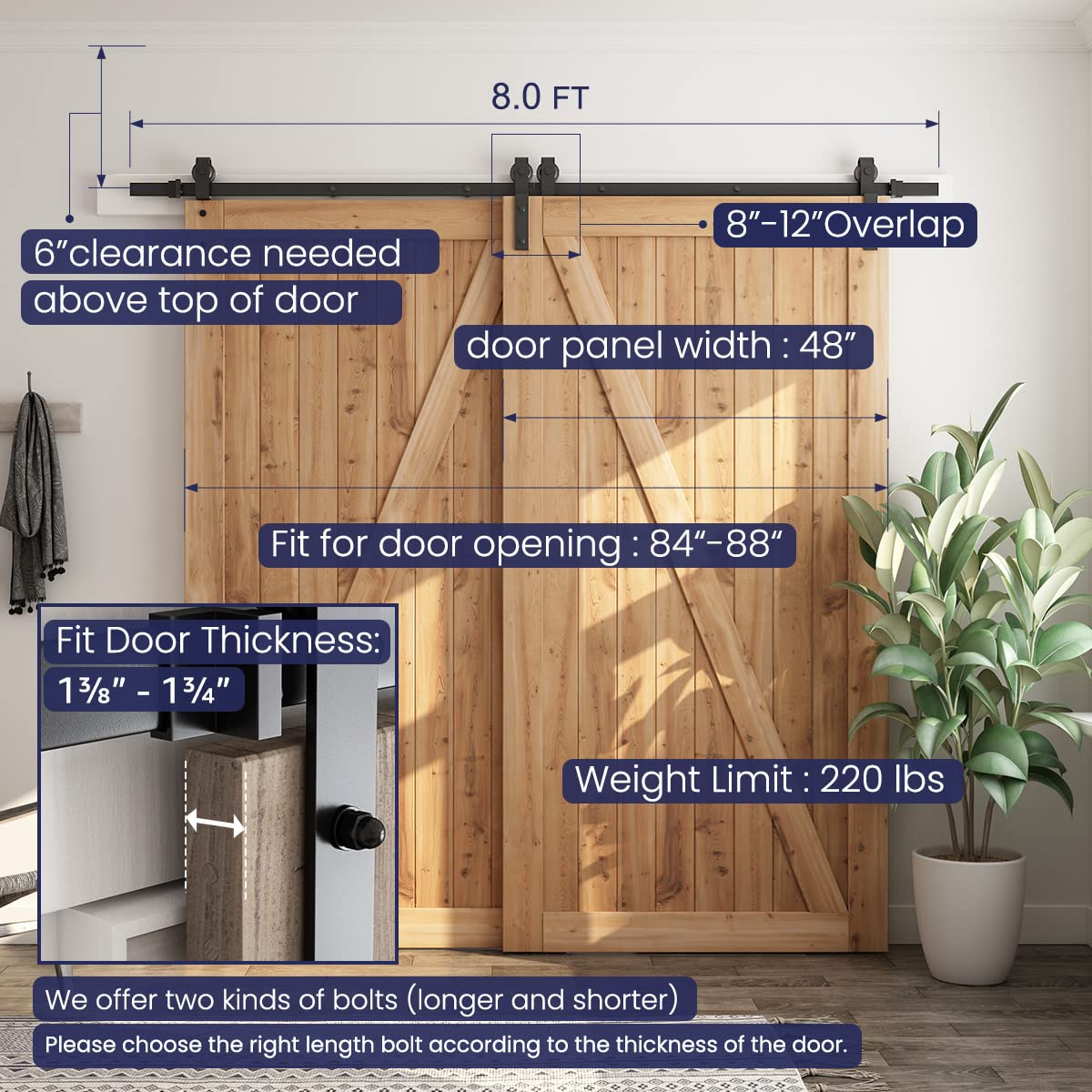 SMARTSTANDARD 8 Feet Bypass Sliding Barn Door Hardware Kit - for Double Wooden Doors-Single Track - Smoothly & Quietly - Easy to Install-Fit 84" Opening