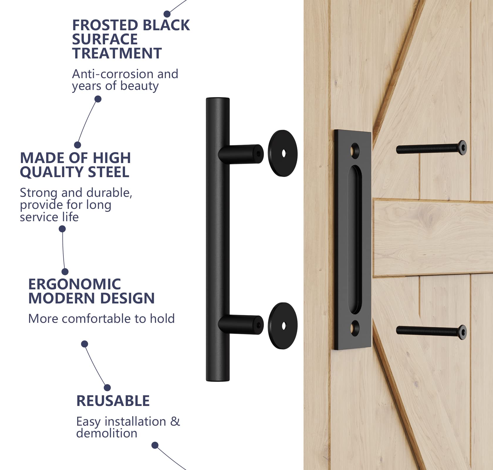 HomLxclx 12" Sliding Barn Door Handle Pull and Flush Hardware Set, Black Powder Coated Finish Round Shape,Heavy Duty Barn Door Handles-Fit 1 3/8-1 3/4" Thickness Door Panel, Easy to Install1