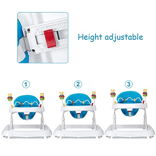 INFANS Foldable Baby Walker, Toddler Activity Walker Helper with Adjustable Height, Safety Belt, High Back Padded Seat for Kids Boys and Girls (Light Blue)