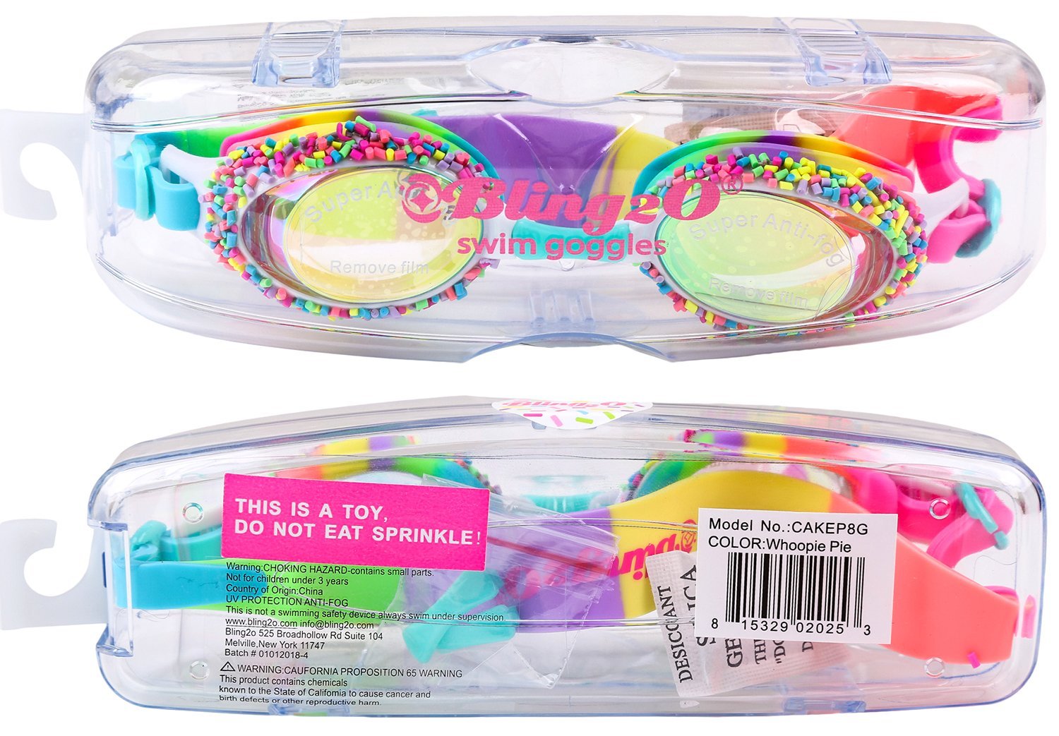 Bling 2O Girls' Rainbow Cake Kids Swimming Goggles (Ages 3+ up) - UV Protection, Latex-Free, 100% Silicone Material - Includes Anti-Fog & Adjustable Nose Piece