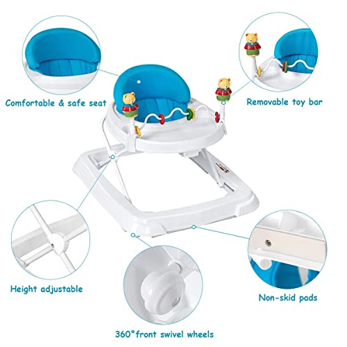 INFANS Foldable Baby Walker, Toddler Activity Walker Helper with Adjustable Height, Safety Belt, High Back Padded Seat for Kids Boys and Girls (Light Blue)