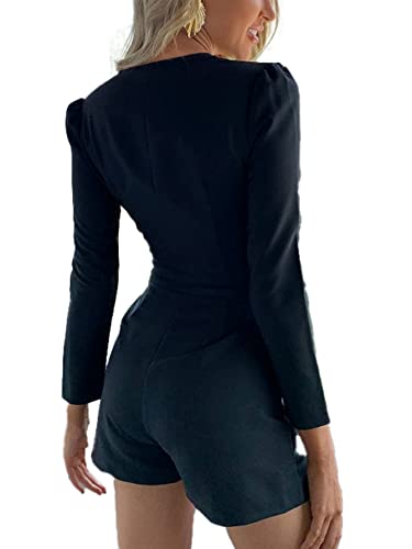 LYANER Women's Sexy Deep V Neck Long Sleeve Blazer Romper Short Jumpsuit Playsuit Black Medium