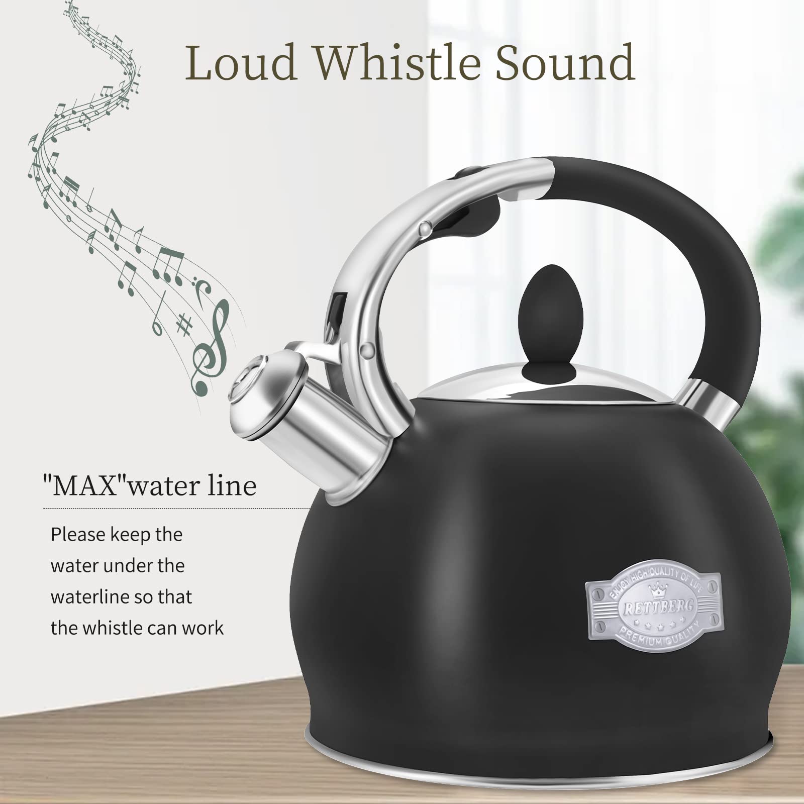 RETTBERG Tea Kettle for Stovetop Whistling Tea Kettles Retro Black Stainless Steel Teapots, 2.64 Quart (Black 1)