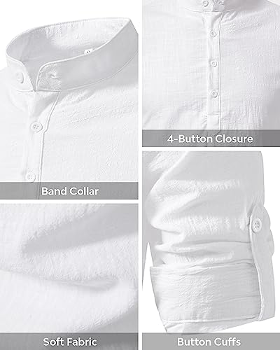 Hakjay Cotton Linen Shirts for Men Casual Shirts Long Sleeve Henley Beach Shirts Hawaiian T Shirts for Men White Large