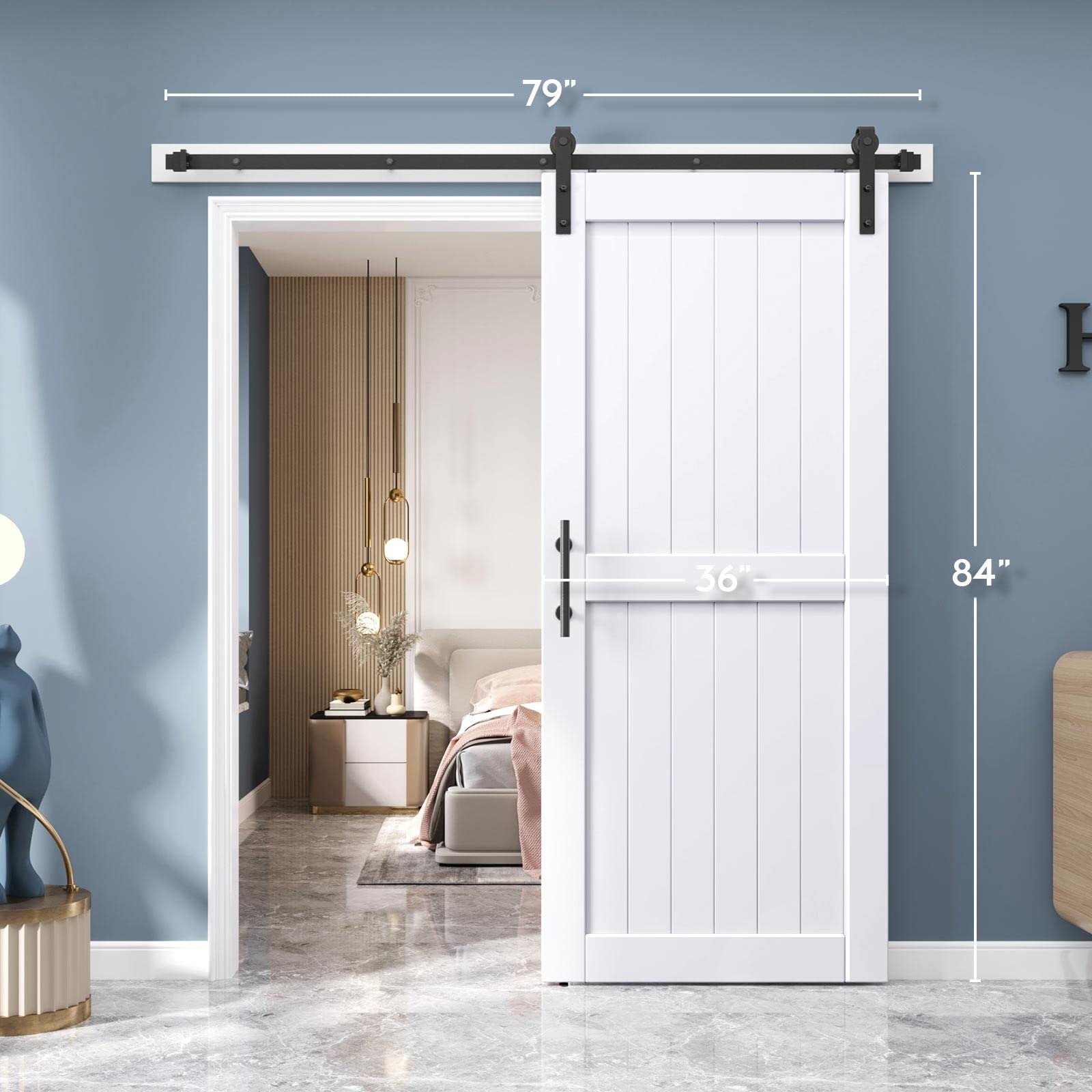 EaseLife 36in x 84in Sliding Barn Door with 6.6FT Barn Door Hardware Track Kit Included,Solid LVL Wood Slab Covered with Water-Proof & Scratch-Resistant PVC Surface,DIY Assembly,Easy Install,White