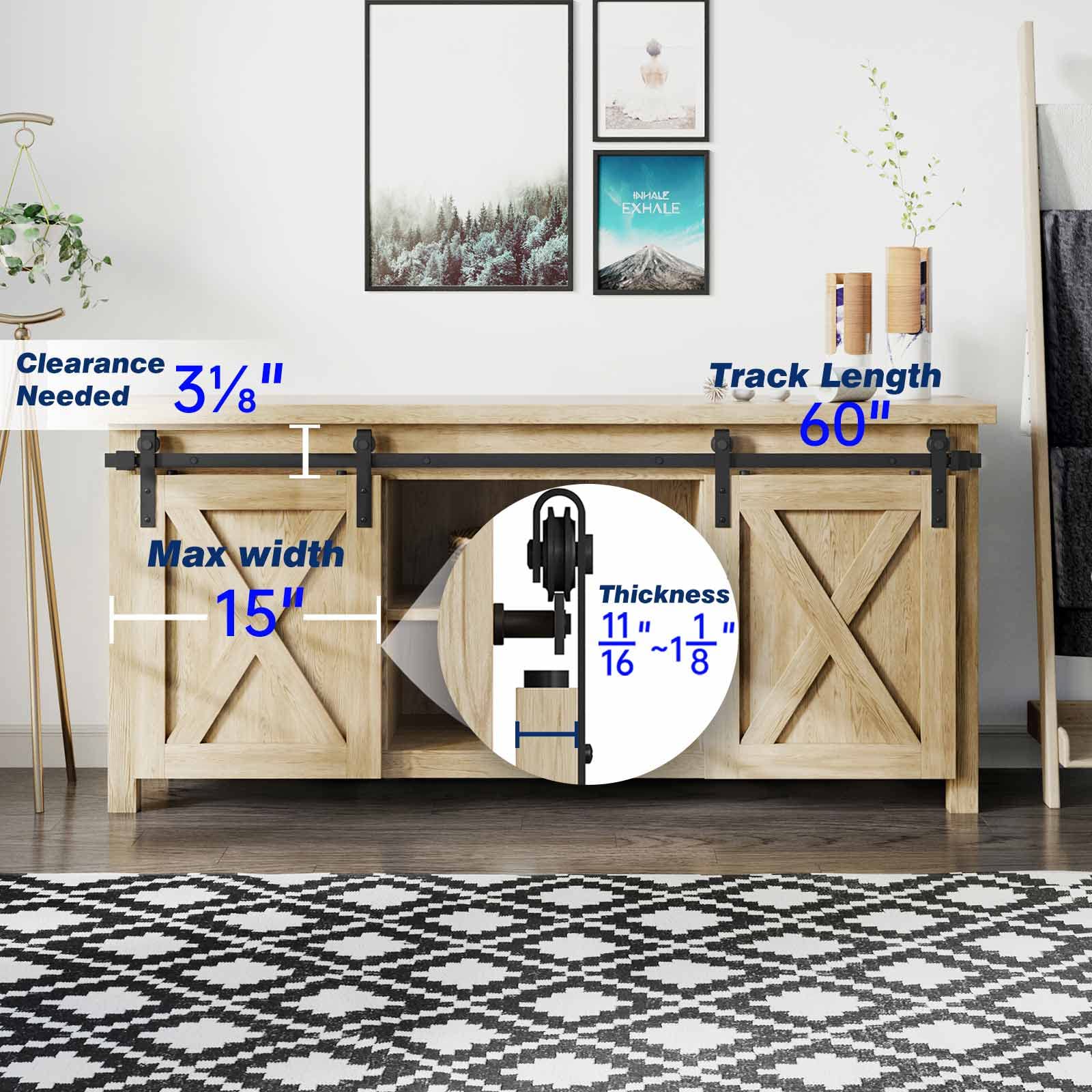 EaseLife 5 FT Cabinet Mini Sliding Double Barn Door Hardware Track Kit,Easy Install,Slide Smoothly Quietly,Apply for Storage Window TV Stand and Other Shielding (No Cabinet)