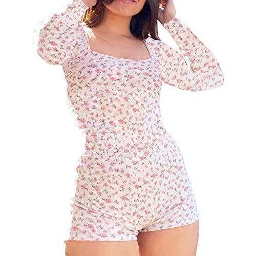 Karwuiio Women Y2K Slim Fit Rompers V Neck Button-Down Long Sleeve Floral Sexy Jumpsuit Shorts Bodysuit (Pink, L)