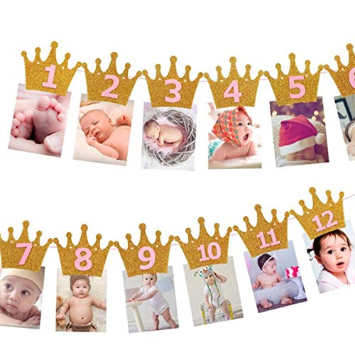 Symphony Birthday Photo Banner, 1st Birthday Baby Photo Banner Newborn to 12 Months Birthday Party Decor (Crown Golden Pink)