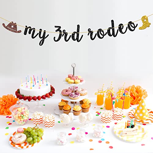 INNORU My 3rd Rodeo Banner, Mexican Theme 3rd Birthday Party Decorations, West Cowboy Cowgirl Three Birthday Party Decorations Black Glitter