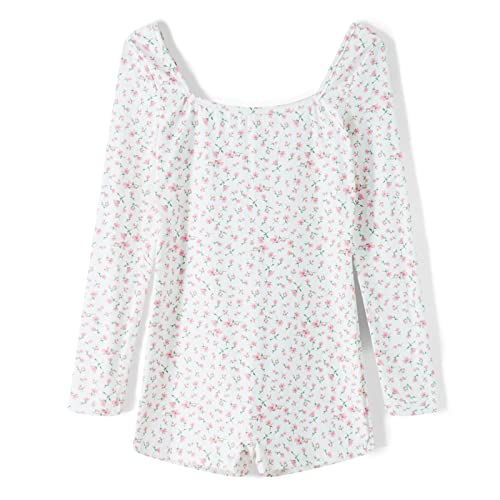 Karwuiio Women Y2K Slim Fit Rompers V Neck Button-Down Long Sleeve Floral Sexy Jumpsuit Shorts Bodysuit (Pink, L)
