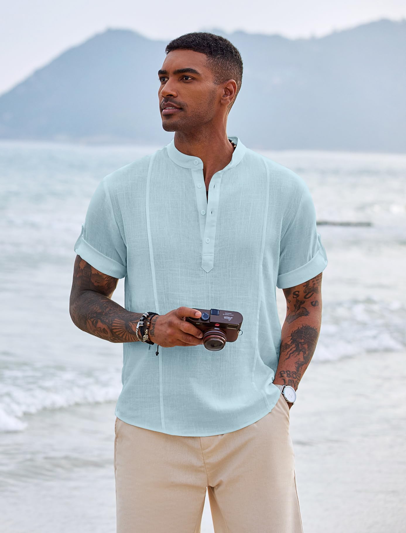 COOFANDY Men's Casual Beach T-Shirts Short Sleeve Henley Pullover Linen Button Down Shirts Fashion Summer Tops Clothing Blue