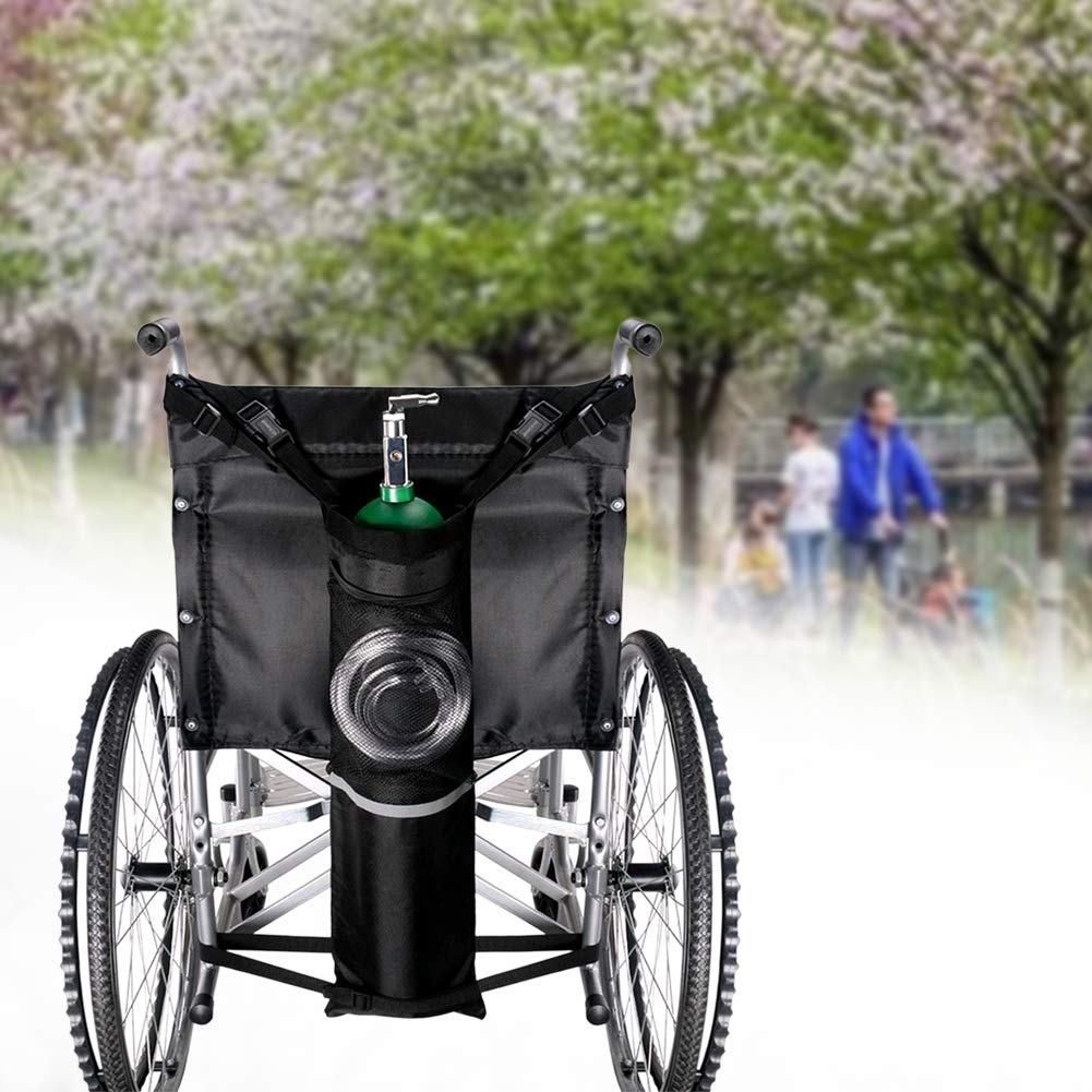 Kakalote Oxygen Backpack Holder Bag for Wheelchair Walker Carrier Portable Oxygen Tank Bag, Black Reflective Stripe Storage Pouch Oxygen Cylinder Bag (Black)