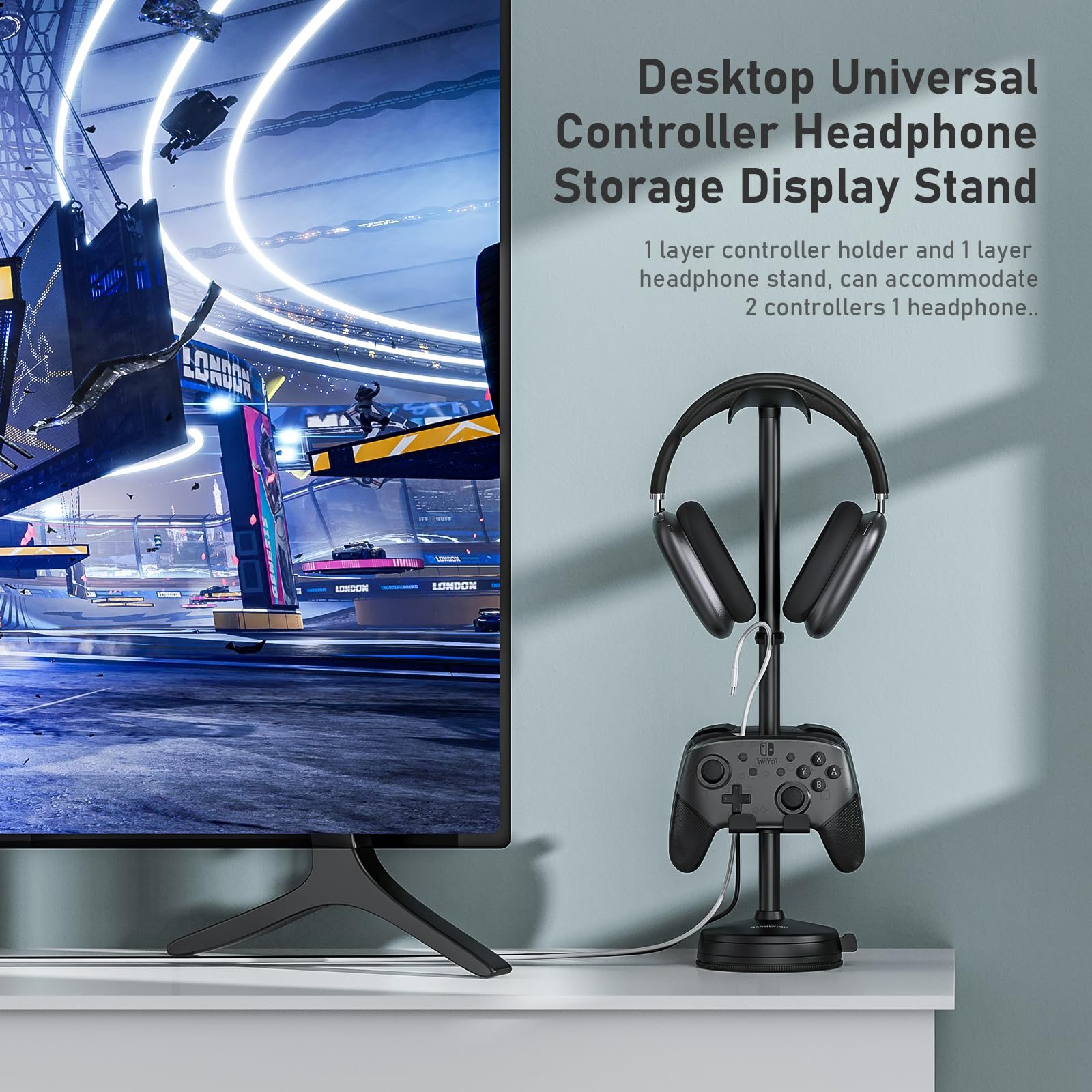 Desktop Headphone Controller Stand Holder with Anti-Slip Heavy Base Stable Suction Cup, Universal Aluminum Headset Controller Storage Organizer Compatible for PS5/Switch Pro/Xbox/Airpods/Beats/Bose