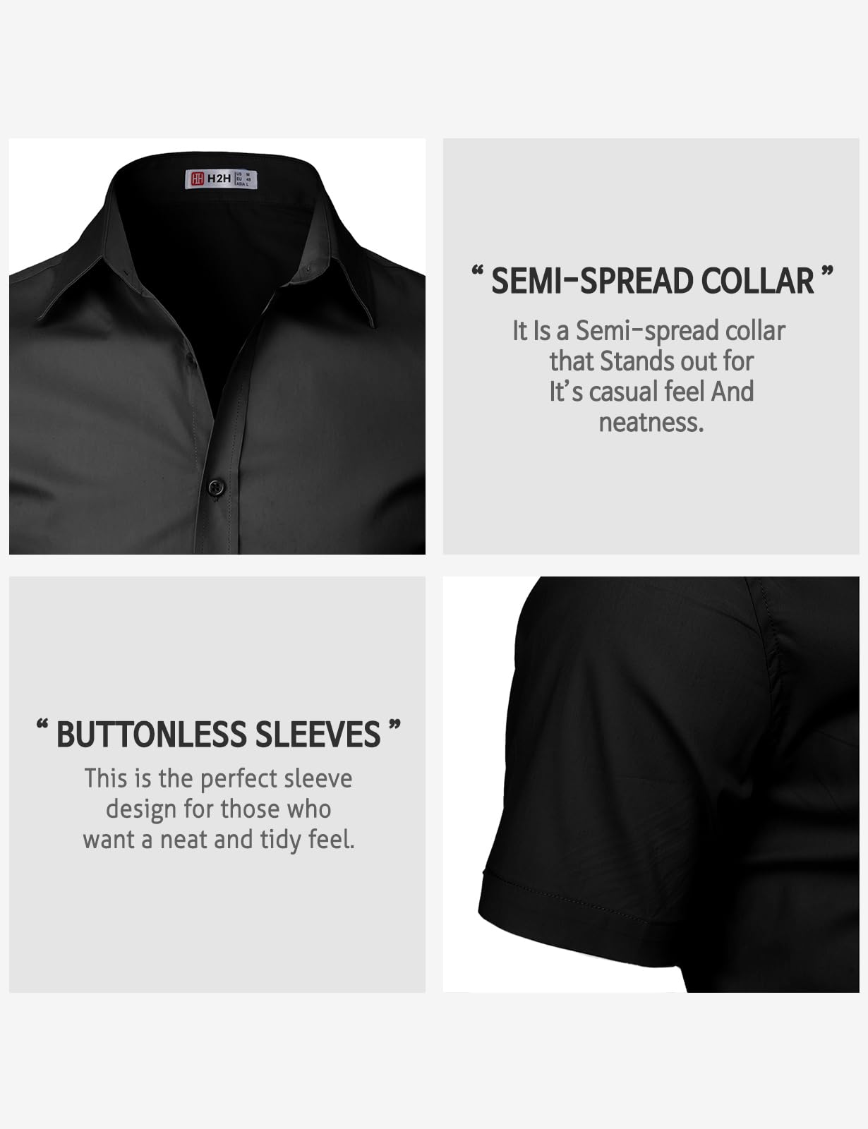 H2H Black Button up Shirt Men Black US L/Asia XL (KMTSTS0132)