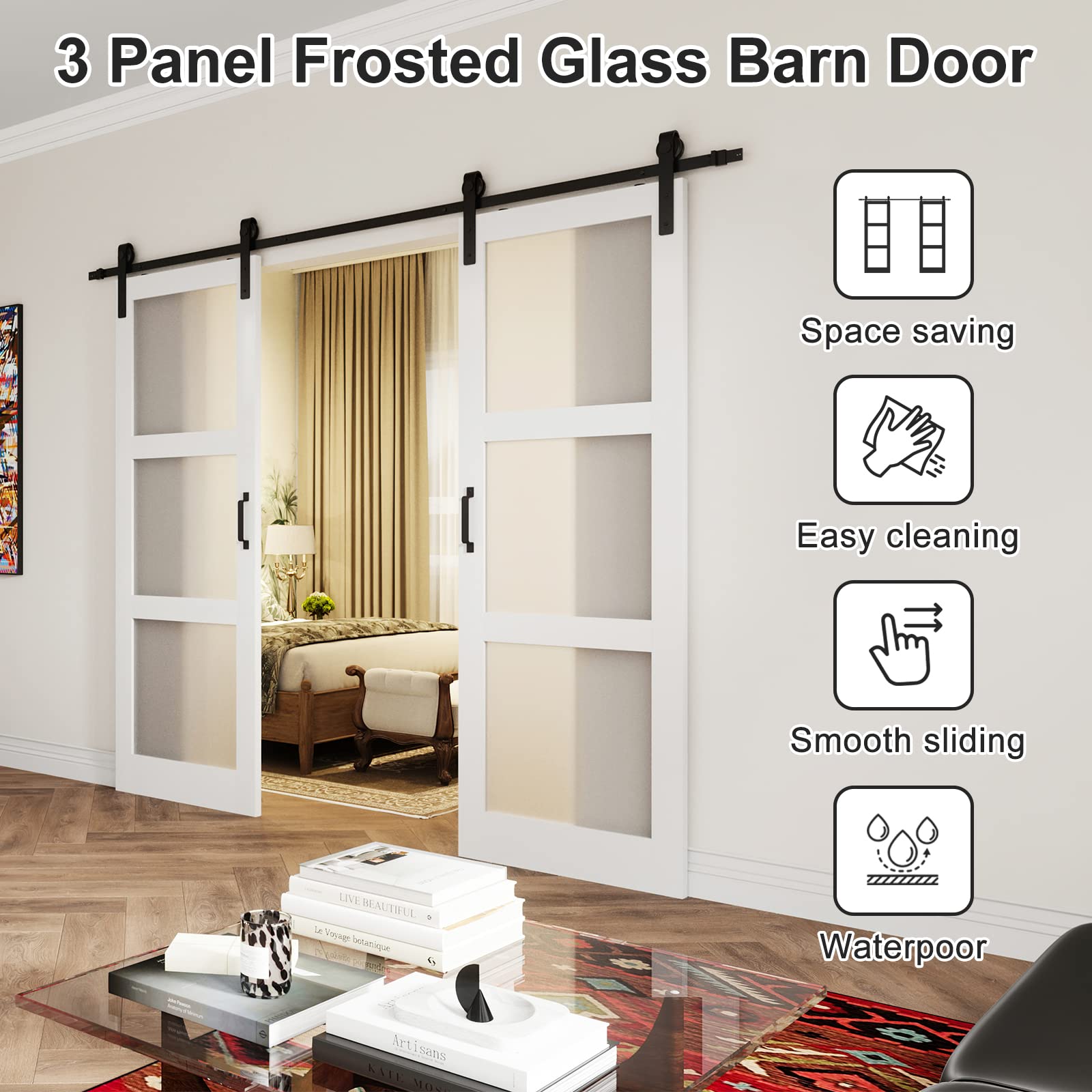 ARKHJEM Double Sliding Barn Door,60in(Double 30”×84in Frosted 3 Panel Glass Barn Door,Water-Proof PVC Surface,Hardware Kit Included, Assembly Needed,White