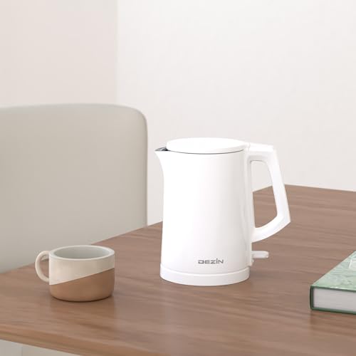 Dezin Electric Kettle, 0.8L Portable Travel Kettle with Double Wall Construction, Stainless Steel Electric Tea Kettle for Business Trip, Small Electric Kettle with Auto Shut-Off, White (Without Cup)