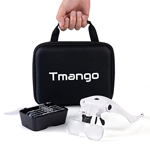 TMANGO Magnifying Glasses with LED Lights,Storage Case | Rechargeable Head Mount Magnifier for Close Up Work, Cross Stitch, Watch Repair, Jewelry,Hobby Crafts,Reading Aid