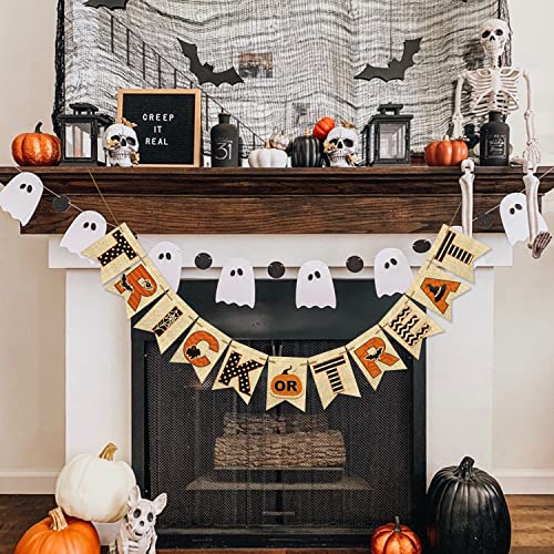 AVOIN Trick or Treat Banner No DIY Required Chevron Polka Dot Spider Web Bat Pumpkin Witch Hat, Rustic Pennant Decoration for Halloween Party Doorway Mantels Wall