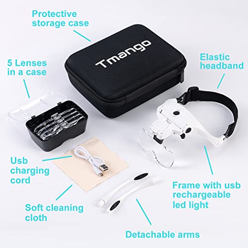 TMANGO Magnifying Glasses with LED Lights,Storage Case | Rechargeable Head Mount Magnifier for Close Up Work, Cross Stitch, Watch Repair, Jewelry,Hobby Crafts,Reading Aid