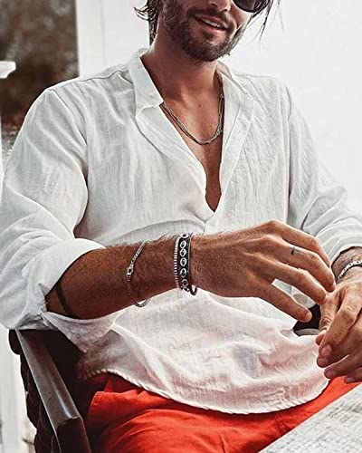 Hakjay Cotton Linen Shirts for Men Casual Shirts Long Sleeve Henley Beach Shirts Hawaiian T Shirts for Men White Large
