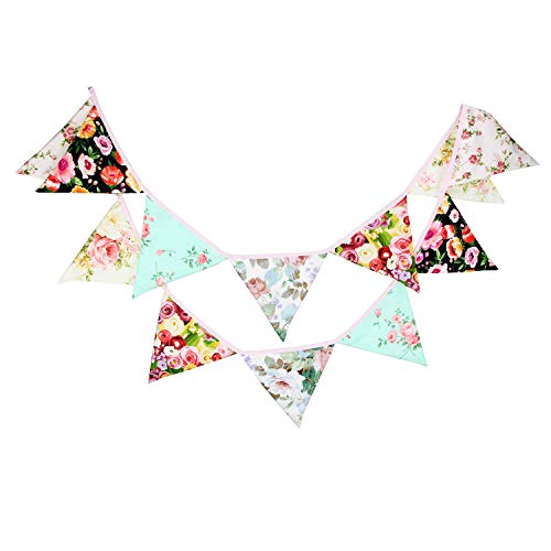 INFEI 3.2M/10.5Ft Multicolored Vintage Floral Triangle Flags Fabric Banner Bunting Garlands for Wedding, Birthday Party, Outdoor & Home Decoration (Floral)