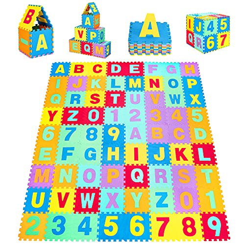 Costzon 72 Pieces Baby Play Mat w/Fence, Baby 0.4'' Thick EVA Baby Crawling Mat w/Detachable Numbers, Waterproof Soft Playmat for Toddler Infants (72 Pieces, Alphabet + Numbers)